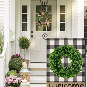 Welcome Spring Garden Flag for Outside,Buffalo Plaid Boxwood Wreath Small Yard Flag, Summer Seasonal Decors for Outdoor Farmhouse Holiday 12x18 Double Sided