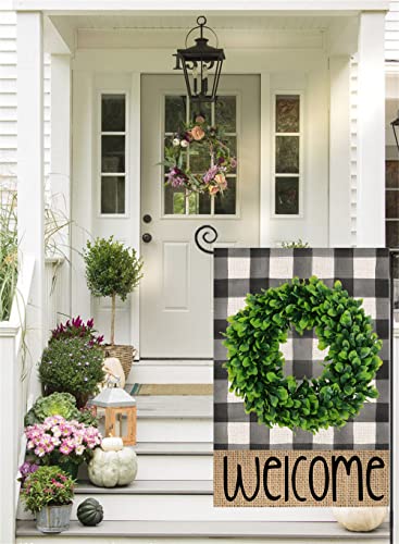 Welcome Spring Garden Flag for Outside,Buffalo Plaid Boxwood Wreath Small Yard Flag, Summer Seasonal Decors for Outdoor Farmhouse Holiday 12x18 Double Sided