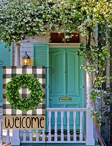 Welcome Spring Garden Flag for Outside,Buffalo Plaid Boxwood Wreath Small Yard Flag, Summer Seasonal Decors for Outdoor Farmhouse Holiday 12x18 Double Sided