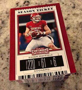 2019 panini contenders draft picks complete football set of 100 season tickets cards hand collated and straight from packs in near mint to mint condition. set includes many current and former stars in their collegiate uniforms such as baker mayfield, patr