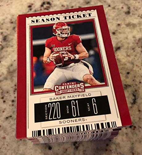 2019 Panini Contenders Draft Picks Complete Football Set of 100 Season Tickets Cards Hand Collated and Straight from Packs in Near Mint to Mint Condition. Set includes many current and former stars in their collegiate uniforms such as Baker Mayfield, Patr