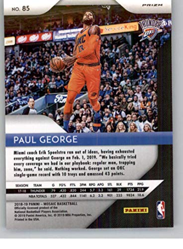 2018-19 Prizm Mosaic Basketball #85 Paul George Oklahoma City Thunder Official NBA Trading Card From Panini America