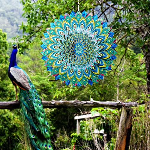 Peacock Wind Spinner,3D Kinetic Art Garden Sculptures,Sun Catcher Outdoor Metal Large Spinning Yard Decor,12in Green Bird Feather Style Spinner Hanging Ornaments,Big Craft Decorations for Patio Garden