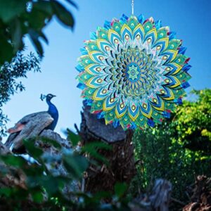 Peacock Wind Spinner,3D Kinetic Art Garden Sculptures,Sun Catcher Outdoor Metal Large Spinning Yard Decor,12in Green Bird Feather Style Spinner Hanging Ornaments,Big Craft Decorations for Patio Garden