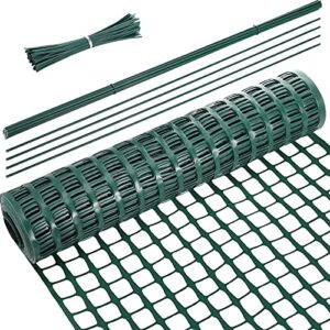 plastic garden fencing roll safety construction barrier outdoor snow mesh fence garden netting, 1.2 inch mesh, coated iron wire support stakes, cable ties for garden (green, 2 x 50 feet)