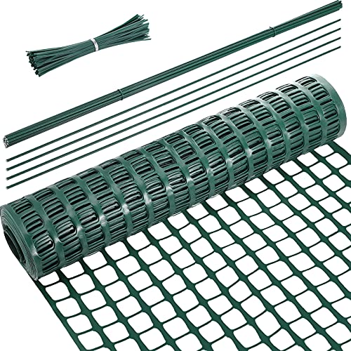 Plastic Garden Fencing Roll Safety Construction Barrier Outdoor Snow Mesh Fence Garden Netting, 1.2 Inch Mesh, Coated Iron Wire Support Stakes, Cable Ties for Garden (Green, 2 x 50 Feet)