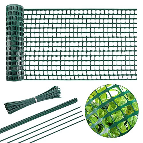 Plastic Garden Fencing Roll Safety Construction Barrier Outdoor Snow Mesh Fence Garden Netting, 1.2 Inch Mesh, Coated Iron Wire Support Stakes, Cable Ties for Garden (Green, 2 x 50 Feet)