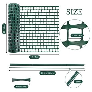 Plastic Garden Fencing Roll Safety Construction Barrier Outdoor Snow Mesh Fence Garden Netting, 1.2 Inch Mesh, Coated Iron Wire Support Stakes, Cable Ties for Garden (Green, 2 x 50 Feet)