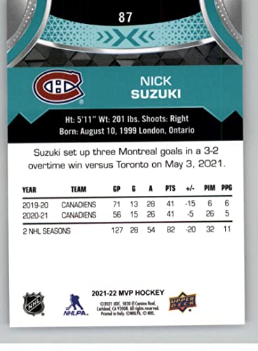 2021-22 Upper Deck MVP #87 Nick Suzuki Montreal Canadiens NHL Hockey Trading Card