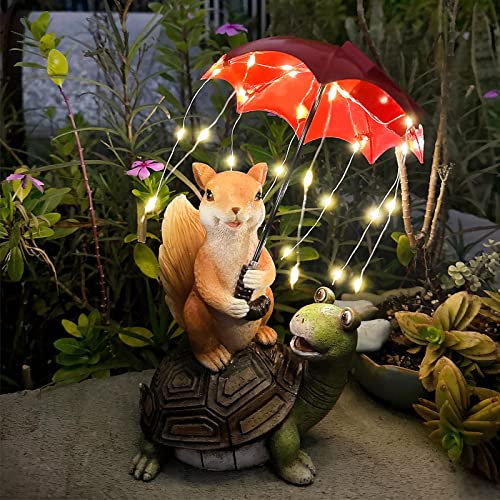 BINFENNY Solar Garden Statues Outdoor Decor - Squirrel Standing on Turtle Holding Umbrella with String Lights Outdoor Waterproof Anamial Ornaments for Patio Lawn Yard Decoration Housewarming Gift