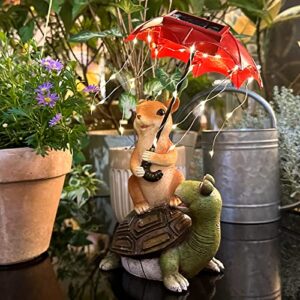 BINFENNY Solar Garden Statues Outdoor Decor - Squirrel Standing on Turtle Holding Umbrella with String Lights Outdoor Waterproof Anamial Ornaments for Patio Lawn Yard Decoration Housewarming Gift