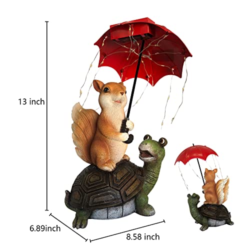 BINFENNY Solar Garden Statues Outdoor Decor - Squirrel Standing on Turtle Holding Umbrella with String Lights Outdoor Waterproof Anamial Ornaments for Patio Lawn Yard Decoration Housewarming Gift