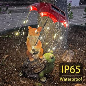 BINFENNY Solar Garden Statues Outdoor Decor - Squirrel Standing on Turtle Holding Umbrella with String Lights Outdoor Waterproof Anamial Ornaments for Patio Lawn Yard Decoration Housewarming Gift