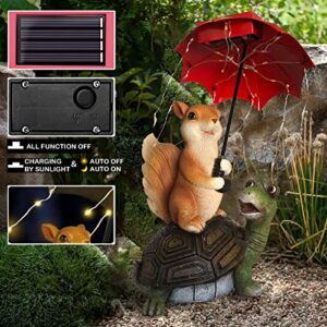 BINFENNY Solar Garden Statues Outdoor Decor - Squirrel Standing on Turtle Holding Umbrella with String Lights Outdoor Waterproof Anamial Ornaments for Patio Lawn Yard Decoration Housewarming Gift