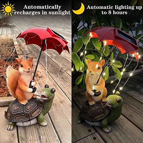 BINFENNY Solar Garden Statues Outdoor Decor - Squirrel Standing on Turtle Holding Umbrella with String Lights Outdoor Waterproof Anamial Ornaments for Patio Lawn Yard Decoration Housewarming Gift