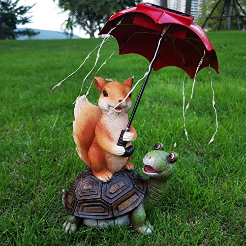 BINFENNY Solar Garden Statues Outdoor Decor - Squirrel Standing on Turtle Holding Umbrella with String Lights Outdoor Waterproof Anamial Ornaments for Patio Lawn Yard Decoration Housewarming Gift