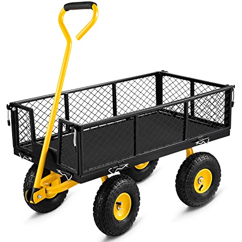 VEVOR Steel Garden Cart, Heavy Duty 500 lbs Capacity, with Removable Mesh Sides to Convert into Flatbed, Utility Metal Wagon with 180° Rotating Handle and 10 in Tires, Perfect for Garden, Farm, Yard