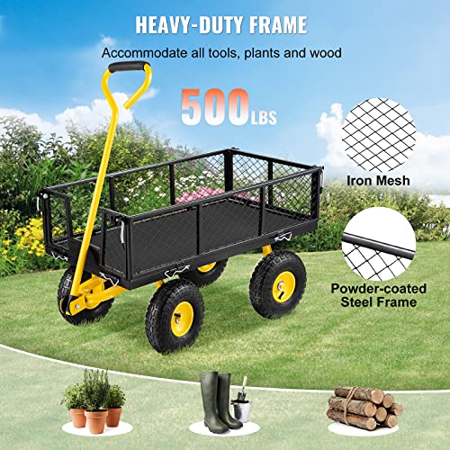 VEVOR Steel Garden Cart, Heavy Duty 500 lbs Capacity, with Removable Mesh Sides to Convert into Flatbed, Utility Metal Wagon with 180° Rotating Handle and 10 in Tires, Perfect for Garden, Farm, Yard