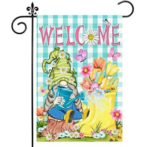 spring garden flag, spring flags 12×18 double sided, burlap hello spring yard flag with gnomes boots blossoms butterfly welcome seasonal vertical summer signs for outdoor outside lawn decorations