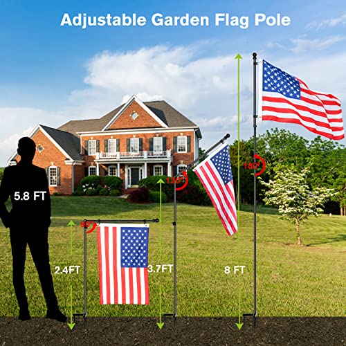 Aitjunz 3 in 1Garden Flag Stand with Flag, Garden Flag Holder Height Adjustable from 2.4-8FT, Tangle Free Garden Flag Pole, Wind Resistant/Rust Free/Black