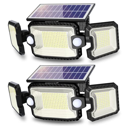 SIDSYS Solar Outdoor Lights, IP65 Waterproof Floodlights, 3 Lighting Heads 7300LM 305 LED Adjustable Security Spotlight with 2 Motion Sensors for Garden Yard Garage Patio Pathway 2 Pack