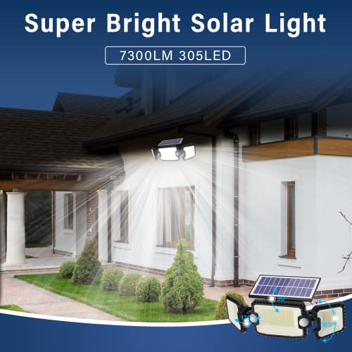 SIDSYS Solar Outdoor Lights, IP65 Waterproof Floodlights, 3 Lighting Heads 7300LM 305 LED Adjustable Security Spotlight with 2 Motion Sensors for Garden Yard Garage Patio Pathway 2 Pack