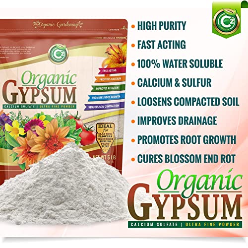 Organic Gypsum - Made in USA - Calcium Sulfate Dihydrate Powder - Garden Soil Amendment Fertilizer for Lawns, Plants, Mushroom Cultivation. Calcium & Sulfur Additive. Cures Blossom End Rot in Tomatoes