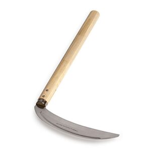 nisaku njp130 mikadukigama grass and weeding sickle, japanese 7 curved blade, 14.25-inch polished hardwood, stainless steel/wood handle