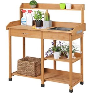 Yaheetech Potting Bench Outdoor Garden Work Bench Station Planting Solid Wood Construction w/Sink Drawer Rack Shelves Natural Wood