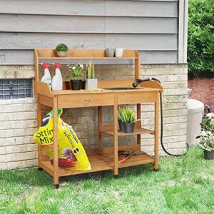 Yaheetech Potting Bench Outdoor Garden Work Bench Station Planting Solid Wood Construction w/Sink Drawer Rack Shelves Natural Wood