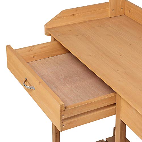 Yaheetech Potting Bench Outdoor Garden Work Bench Station Planting Solid Wood Construction w/Sink Drawer Rack Shelves Natural Wood