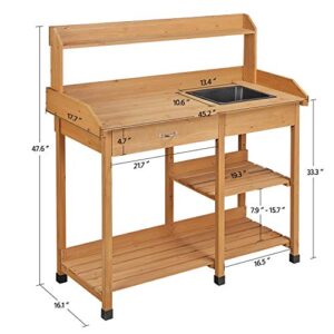 Yaheetech Potting Bench Outdoor Garden Work Bench Station Planting Solid Wood Construction w/Sink Drawer Rack Shelves Natural Wood