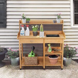 Yaheetech Potting Bench Outdoor Garden Work Bench Station Planting Solid Wood Construction w/Sink Drawer Rack Shelves Natural Wood