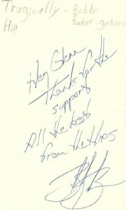 bobby baker guitarist tragically hip rock band music signed index card jsa coa