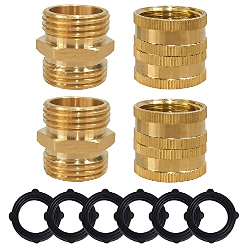 Hourleey Garden Hose Adapter, 3/4 Inch Solid Brass Hose Connectors Adapters, Male to Male, Female to Female, 4-Pack with Extra 6 Washers