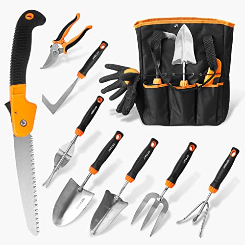 Citybay Garden Tools Set, 10 Pcs Stainless Steel Heavy Duty Gardening Tools Set with Folding Saw, Garden Hand Tools Starter Kit, Landscaping Tools, Gardening Tools Gift Sets for Women and Men