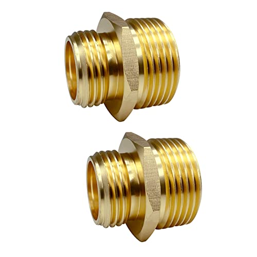 GESHATEN 3/4” GHT Male x 1” NPT Male Connector, Brass Garden Hose Fitting, Adapter, Industrial Metal Brass Garden Hose to Pipe Fittings Connect (2 Pack)