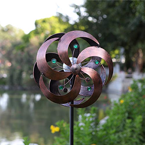 HDNICEZM Solar Wind Spinner Improved 360 Degrees Swivel Multi-Color LED Lighting Glass Ball with Kinetic Wind Spinner Vertical Metal Sculpture Stake Construction for Outdoor Yard Lawn & Garden.