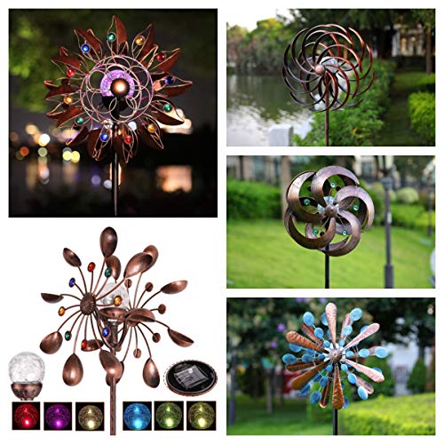 HDNICEZM Solar Wind Spinner Improved 360 Degrees Swivel Multi-Color LED Lighting Glass Ball with Kinetic Wind Spinner Vertical Metal Sculpture Stake Construction for Outdoor Yard Lawn & Garden.