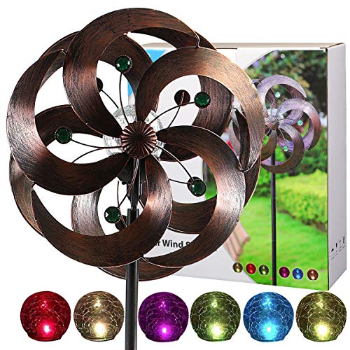 HDNICEZM Solar Wind Spinner Improved 360 Degrees Swivel Multi-Color LED Lighting Glass Ball with Kinetic Wind Spinner Vertical Metal Sculpture Stake Construction for Outdoor Yard Lawn & Garden.