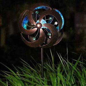 HDNICEZM Solar Wind Spinner Improved 360 Degrees Swivel Multi-Color LED Lighting Glass Ball with Kinetic Wind Spinner Vertical Metal Sculpture Stake Construction for Outdoor Yard Lawn & Garden.