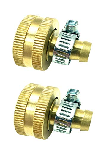 BRUFER 5022H Brass Female Garden Hose Thread Swivel With 1/2" Barb x 3/4"GHT, Includes Stainless Steel Clamps - Pack of 2 Complete Fittings with Clamps