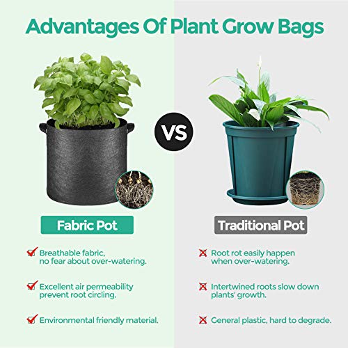 T4U Fabric Plant Grow Bags with Handle 10 Gallon Pack of 5, Heavy Duty Nonwoven Smart Garden Pot Thickened Aeration Nursery Container Black for Outdoor Flower and Vegetables