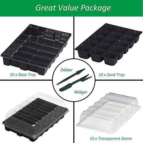 Gardzen 10-Set Garden Propagator Set, Seed Tray Kits with 150-Cell, Seed Starter Tray with Dome and Base 15" x 9" (15-Cell Per Tray)