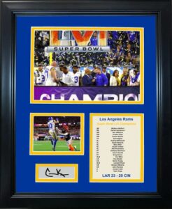 framed los angeles rams super bowl lvi champions cooper kupp mvp facsimile laser engraved signature auto football 12″x15″ photo collage