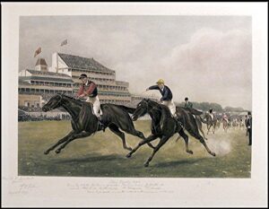 “the derby 1896. won by h.r.h. the prince of wales’ persimmon. j. watts. up. second. mr l. de rothschild’s st. frusquin t. loates. won by a neck, amid the wildest enthusiasm. 11 started”