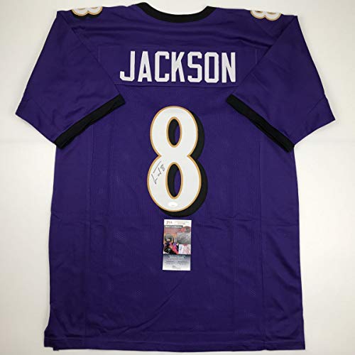 Autographed/Signed Lamar Jackson Baltimore Purple Football Jersey JSA COA