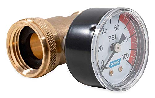 Camco 40070 Brass Water Pressure Gauge - Allows for Easy Monitoring of Your RV or Boat's Water Pressure - Easily Attaches to ¾-inch Garden Hose Threads - 0-100 PSI