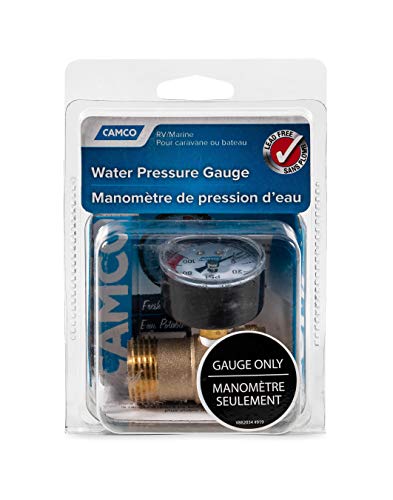 Camco 40070 Brass Water Pressure Gauge - Allows for Easy Monitoring of Your RV or Boat's Water Pressure - Easily Attaches to ¾-inch Garden Hose Threads - 0-100 PSI