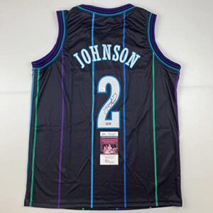 autographed/signed larry johnson charlotte black basketball jersey jsa coa